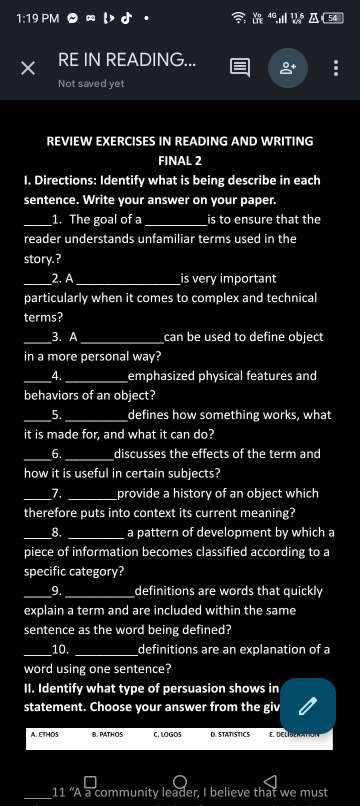 REVIEW EXERCISES IN READING AND WRITING FINAL 2 I. Directions: Identify