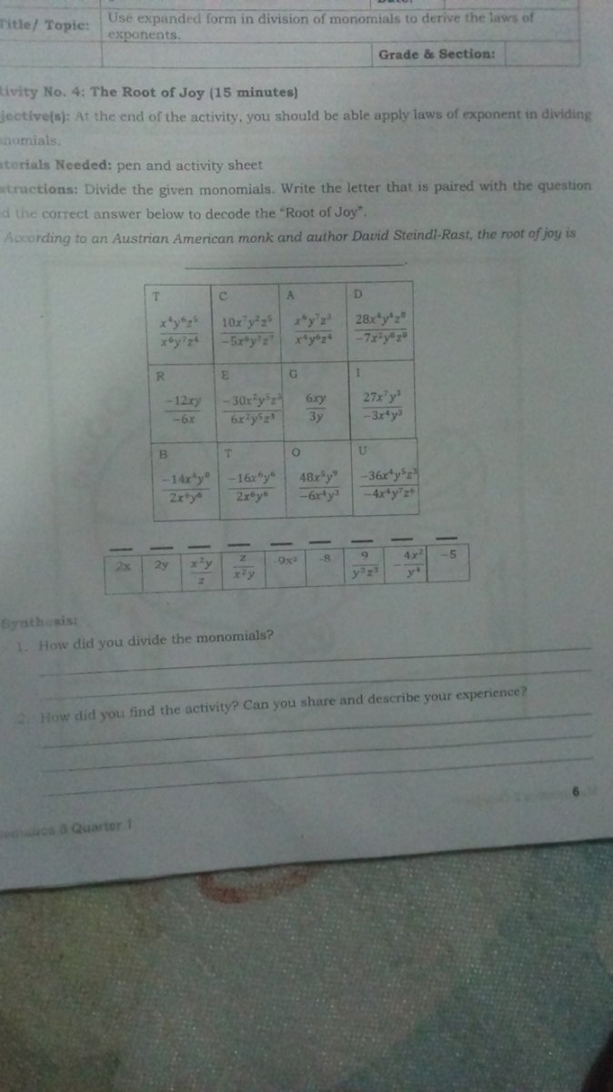 The Root of Joy Divide the given monomials, match each simplified result..
