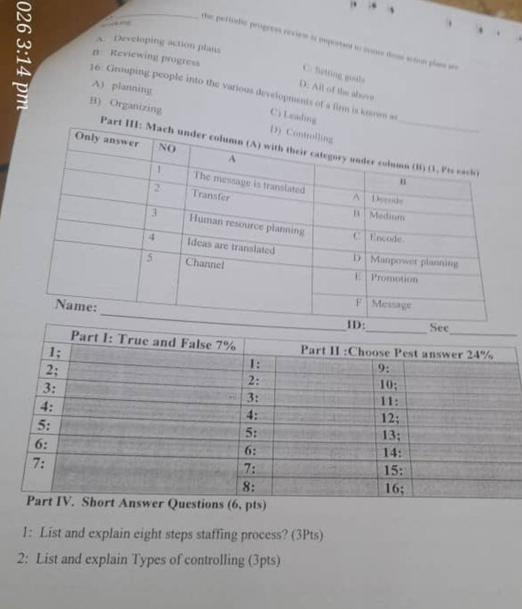 Part I: True and False (7%) Part II: Choose Best Answer (24%) Part III:..