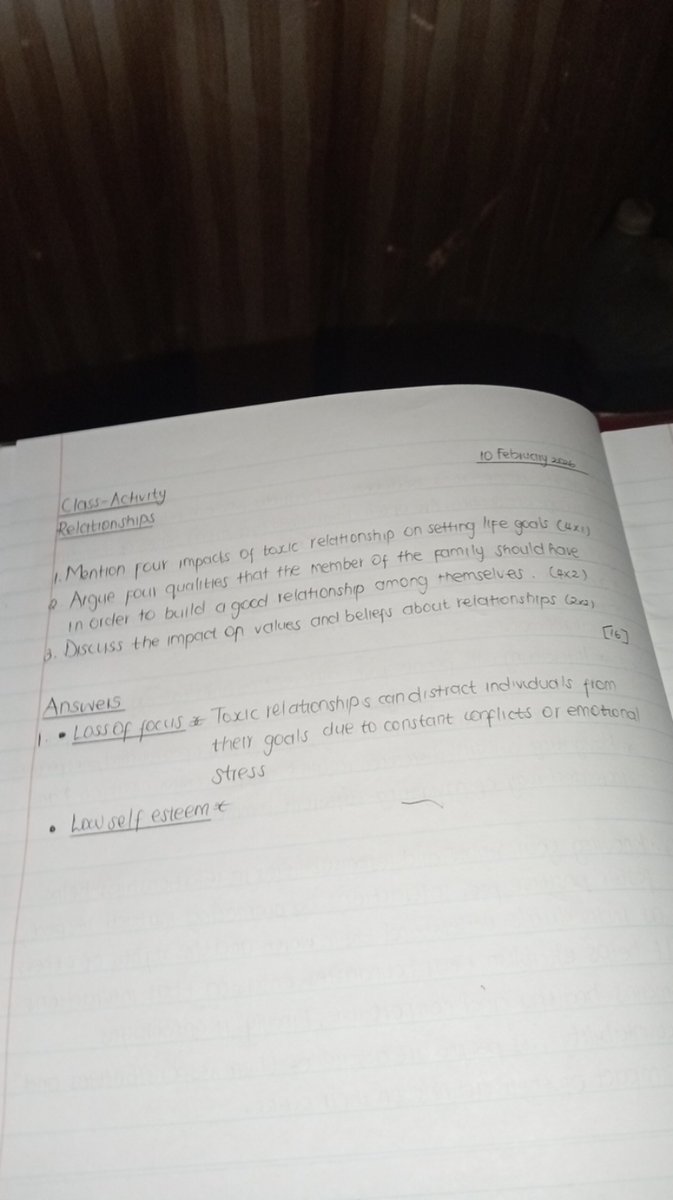 Class Activity Relationships Mention four impacts of toxic relationships..