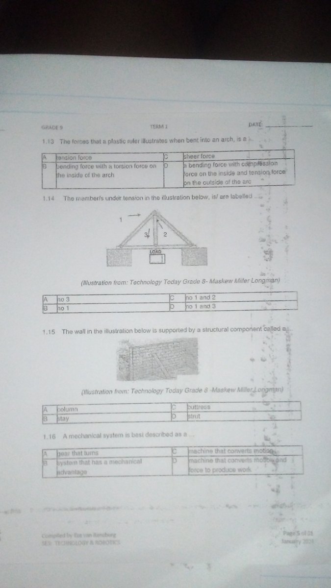 GRADE 9 TERM 1 1.13 The forces that a plastic ruler illustrates when ben..