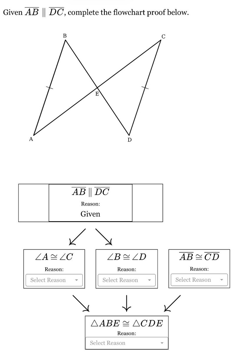 Given \overline{AB} \parallel \overline{DC}, complete the flowchart proof..