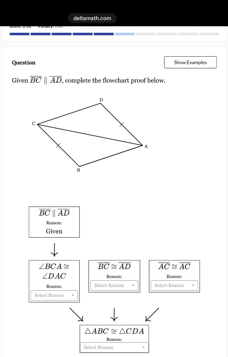 Given \overline{BC} \parallel \overline{AD}, complete the flowchart proof..
