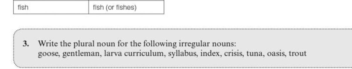 Write the plural noun for the following irregular nouns: goose, gentleman..