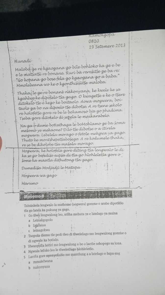 Here is a letter written in Sepedi. Read the letter and answer the questi..