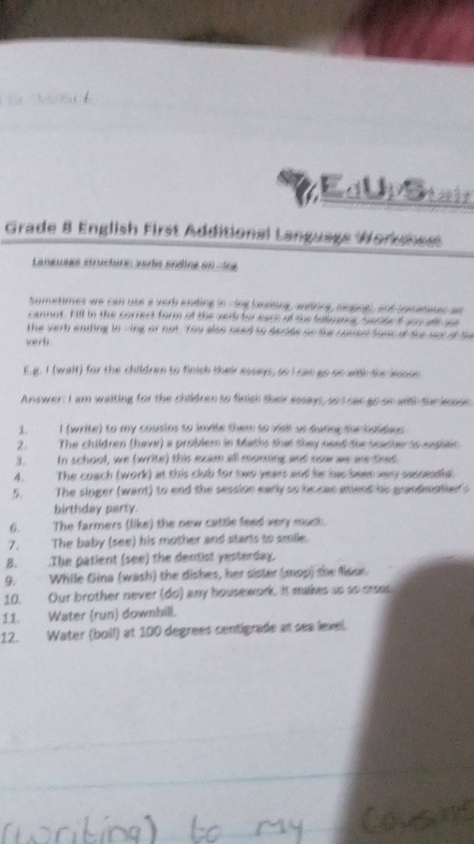 Grade 8 English First Additional Language Worksheet Language structure:
