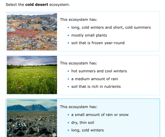 Select the cold desert ecosystem. Option 1: Image of a rocky, sparse lan..