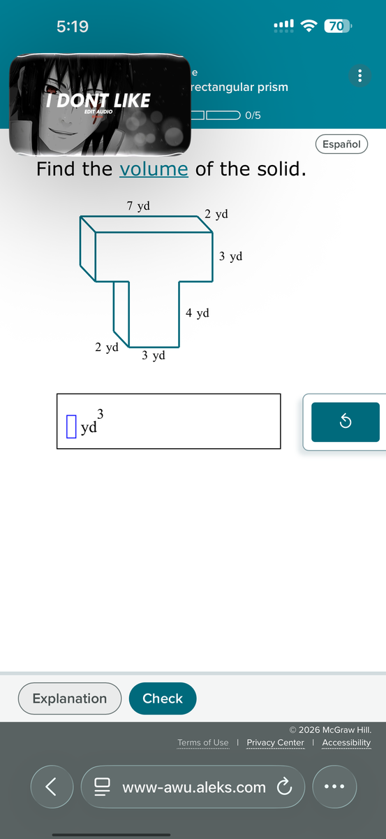 Find the volume of the solid. [Diagram of a solid shape with dimensions:..
