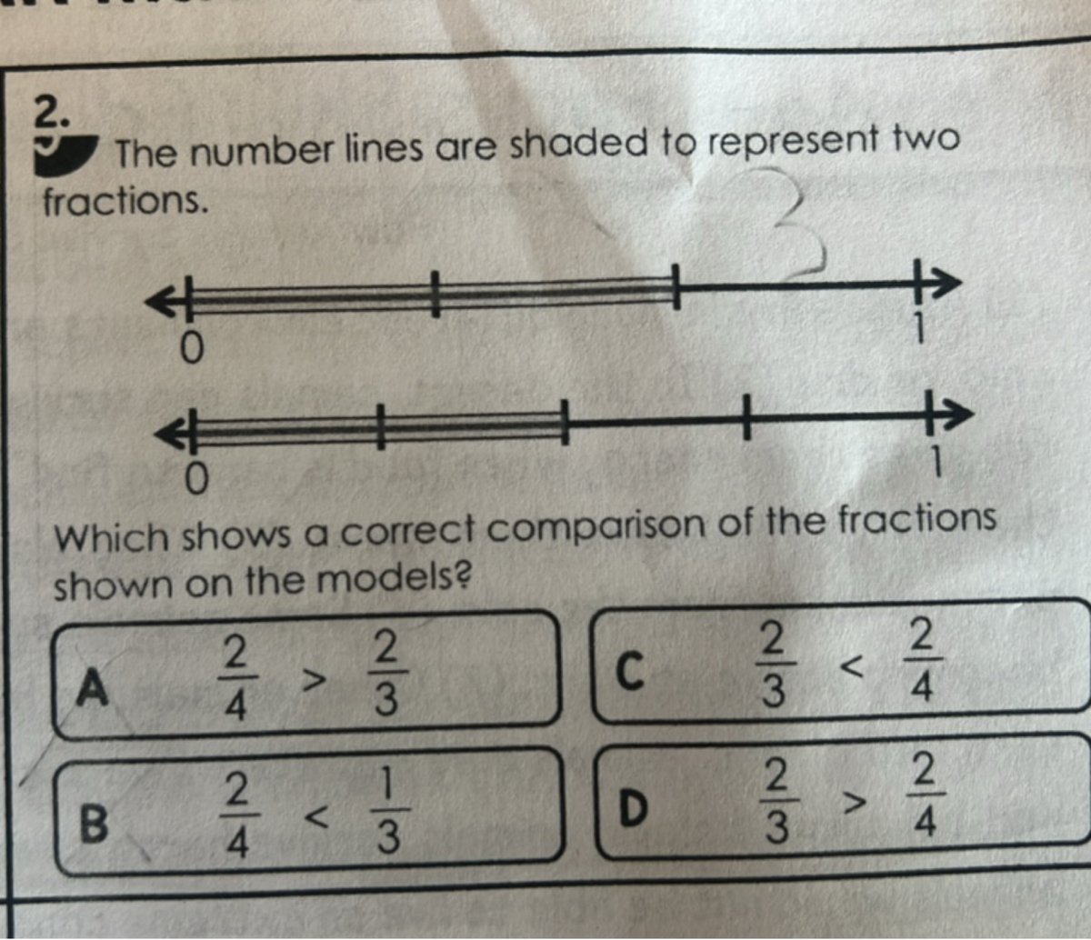 The number lines are shaded to represent two fractions. [Diagram of two