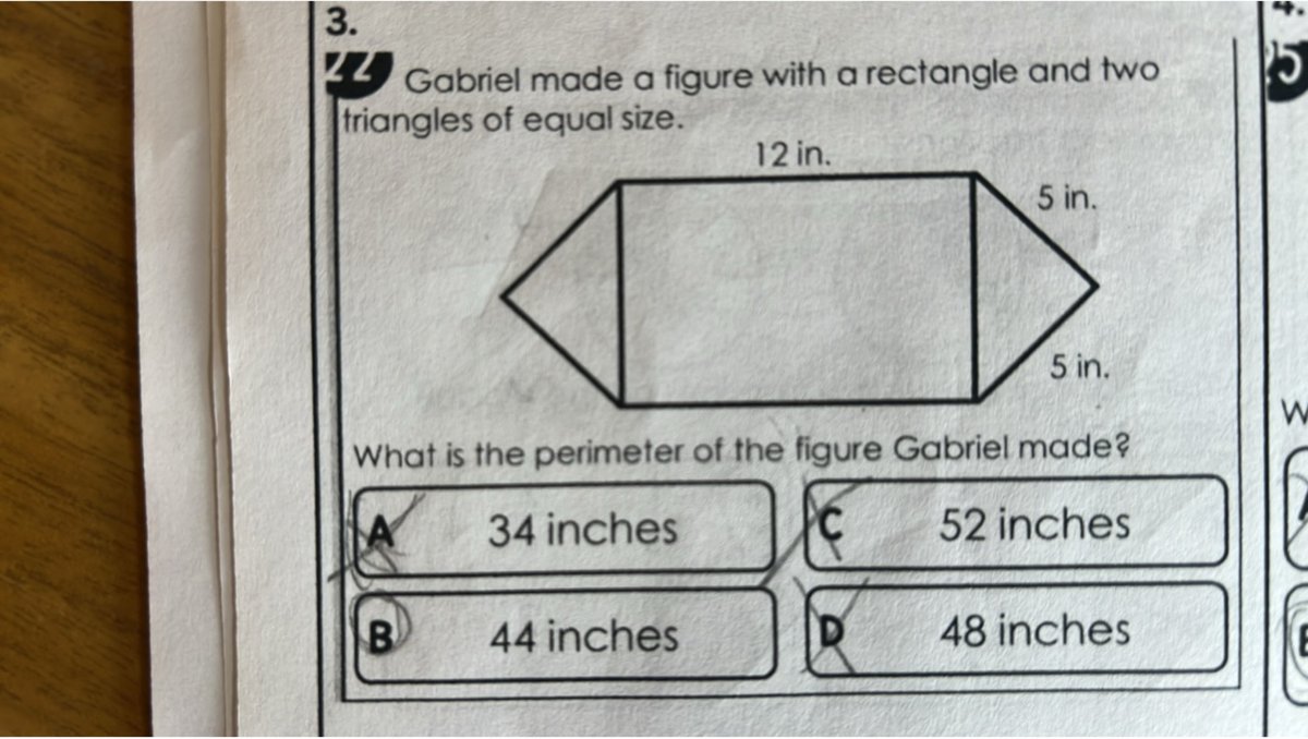 Gabriel made a figure with a rectangle and two triangles of equal size.