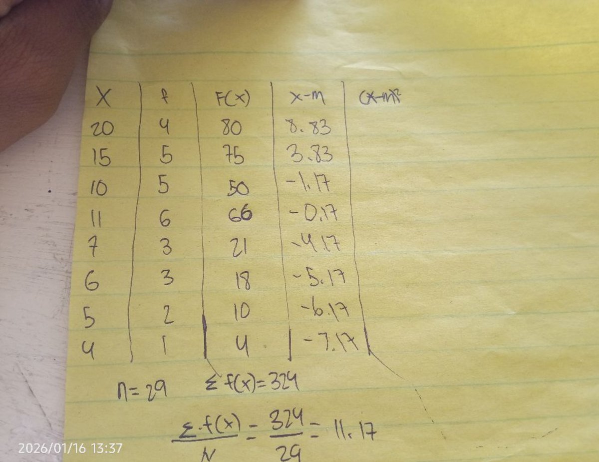 The image shows a table with columns X, f, F(x), X-M, and (X-M)^2. Some v..