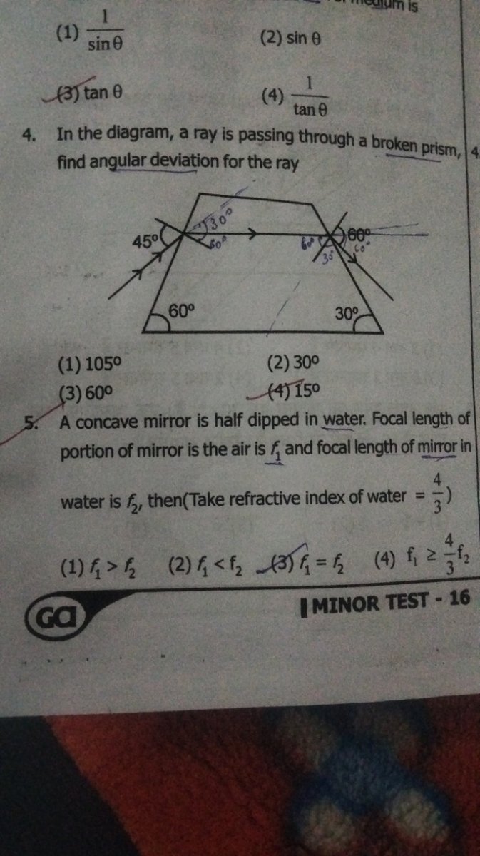 In the diagram, a ray is passing through a broken prism, find angular dev..