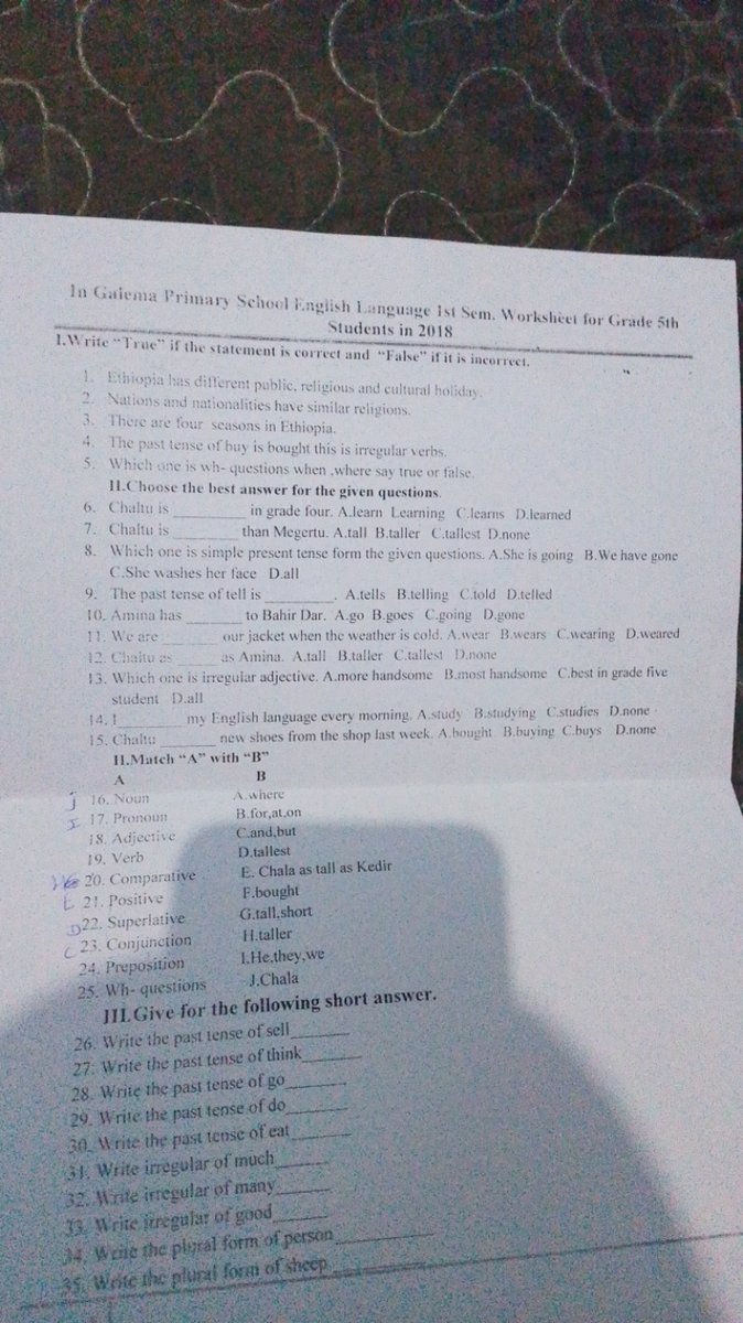 In Galema Primary School English Language 1st Sem. Worksheet for Grade 5t..