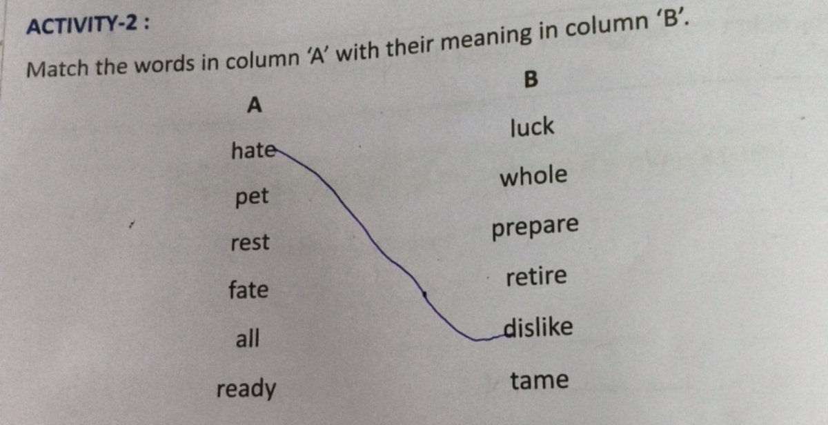 ACTIVITY-2: Match the words in column 'A' with their meaning in column 'B..