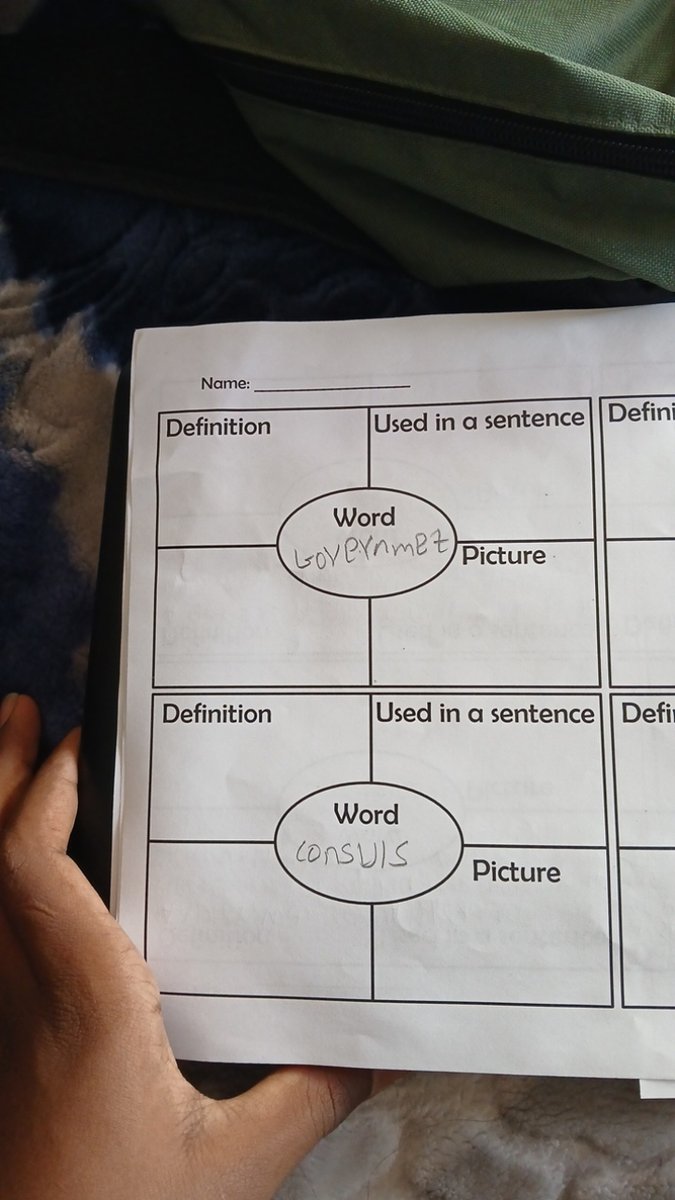 The student is presented with a vocabulary worksheet. For each given word..