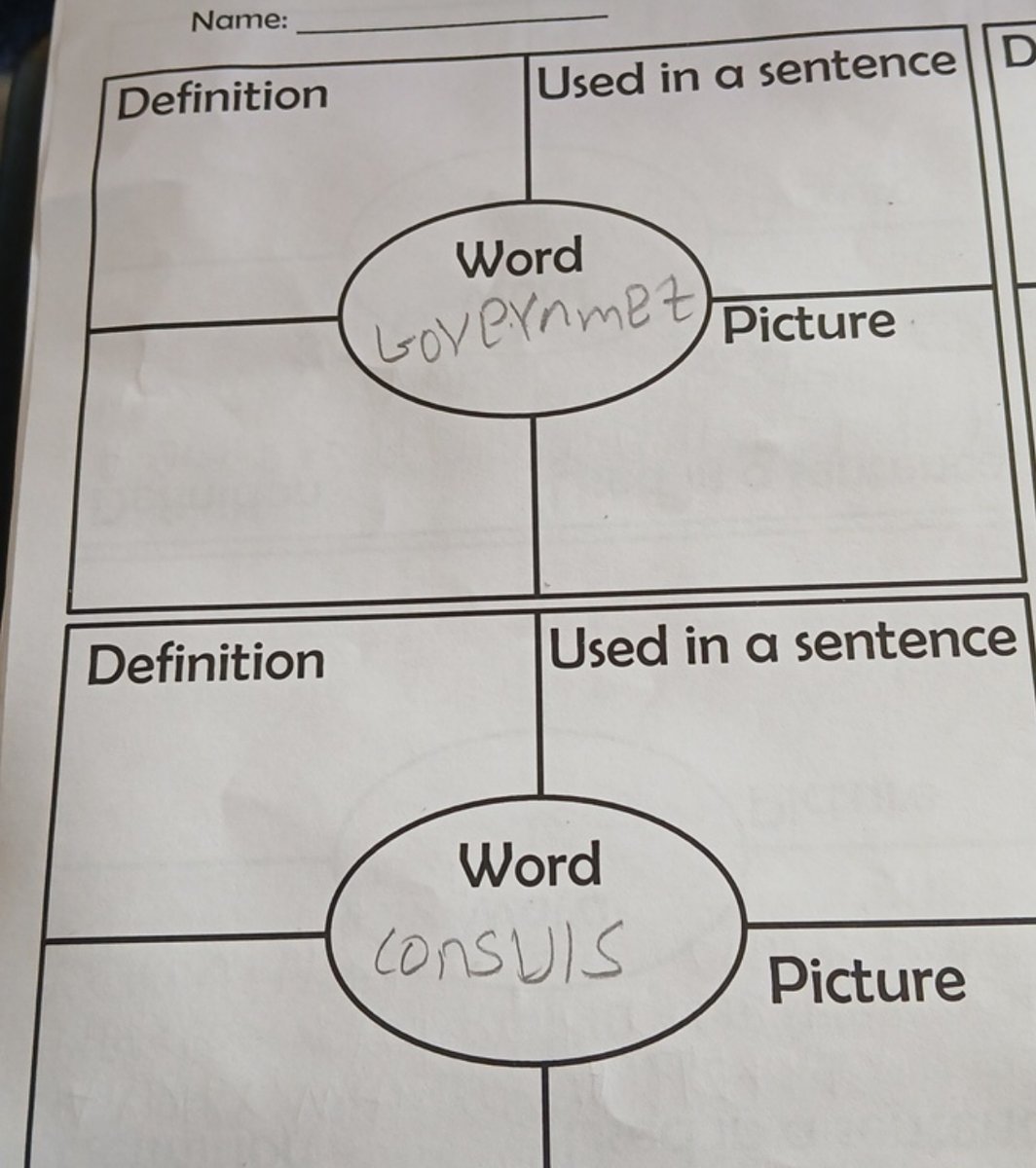 The image shows a vocabulary worksheet. For each given word, the student