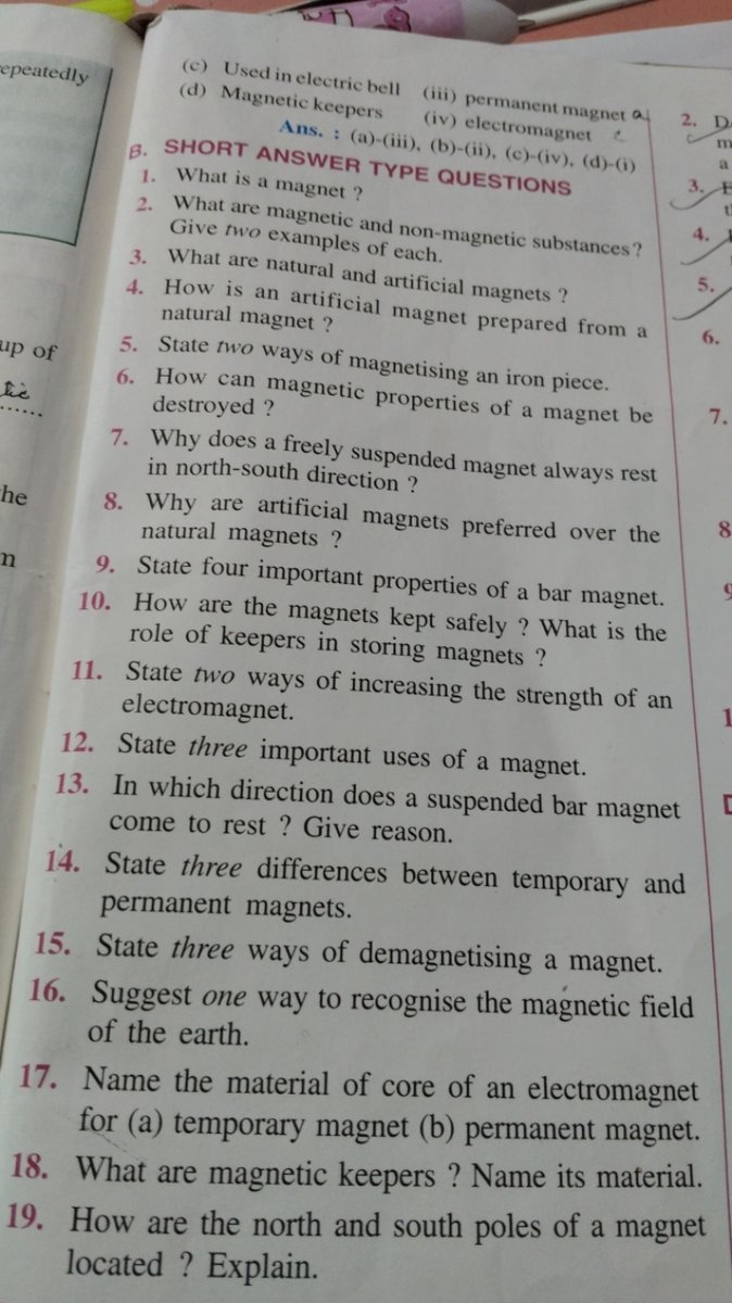 B. SHORT ANSWER TYPE QUESTIONS What is a magnet? What are magnetic and n..