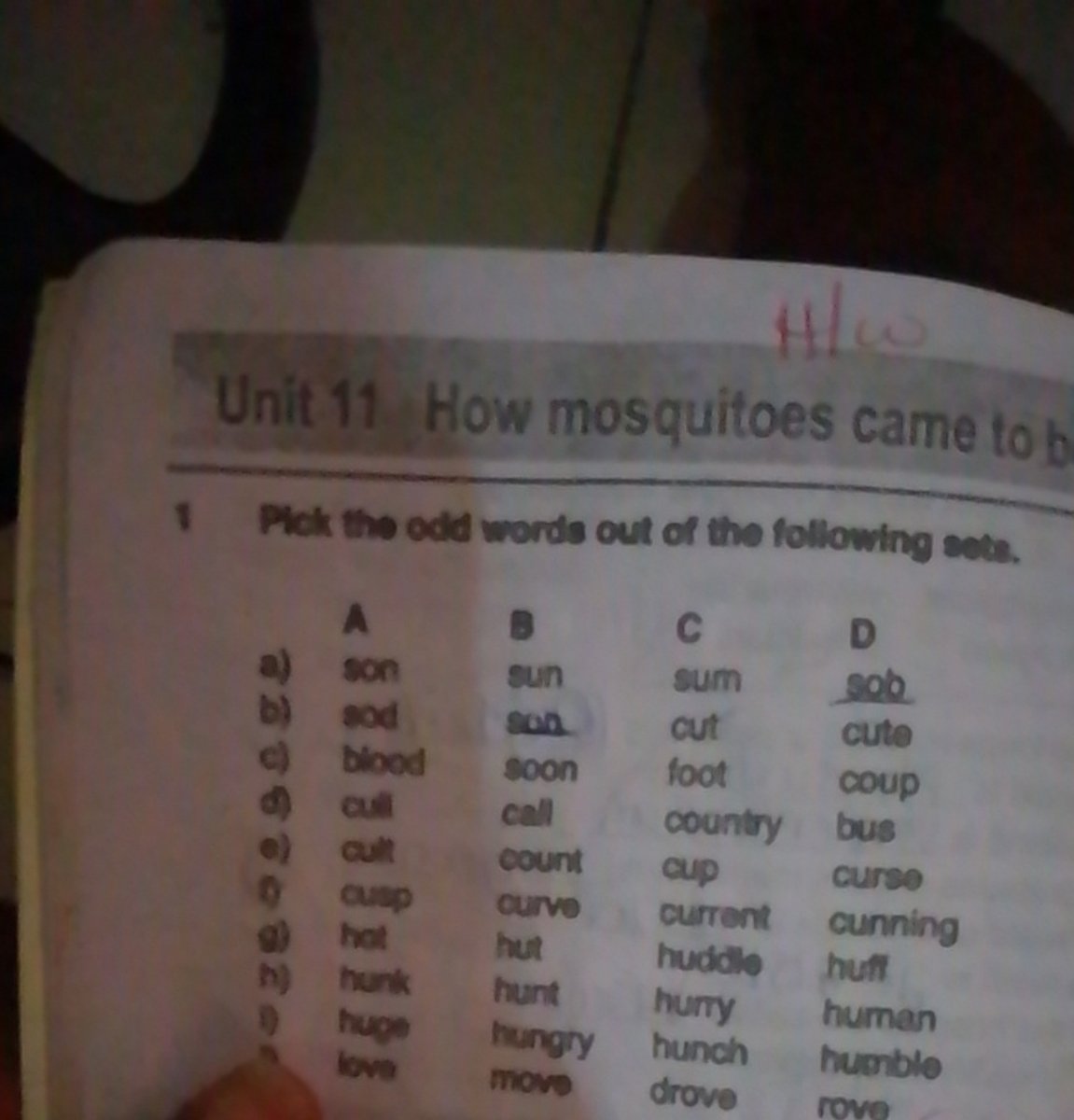 Pick the odd words out of the following sets. a) A: son, B: sun, C: sum,..