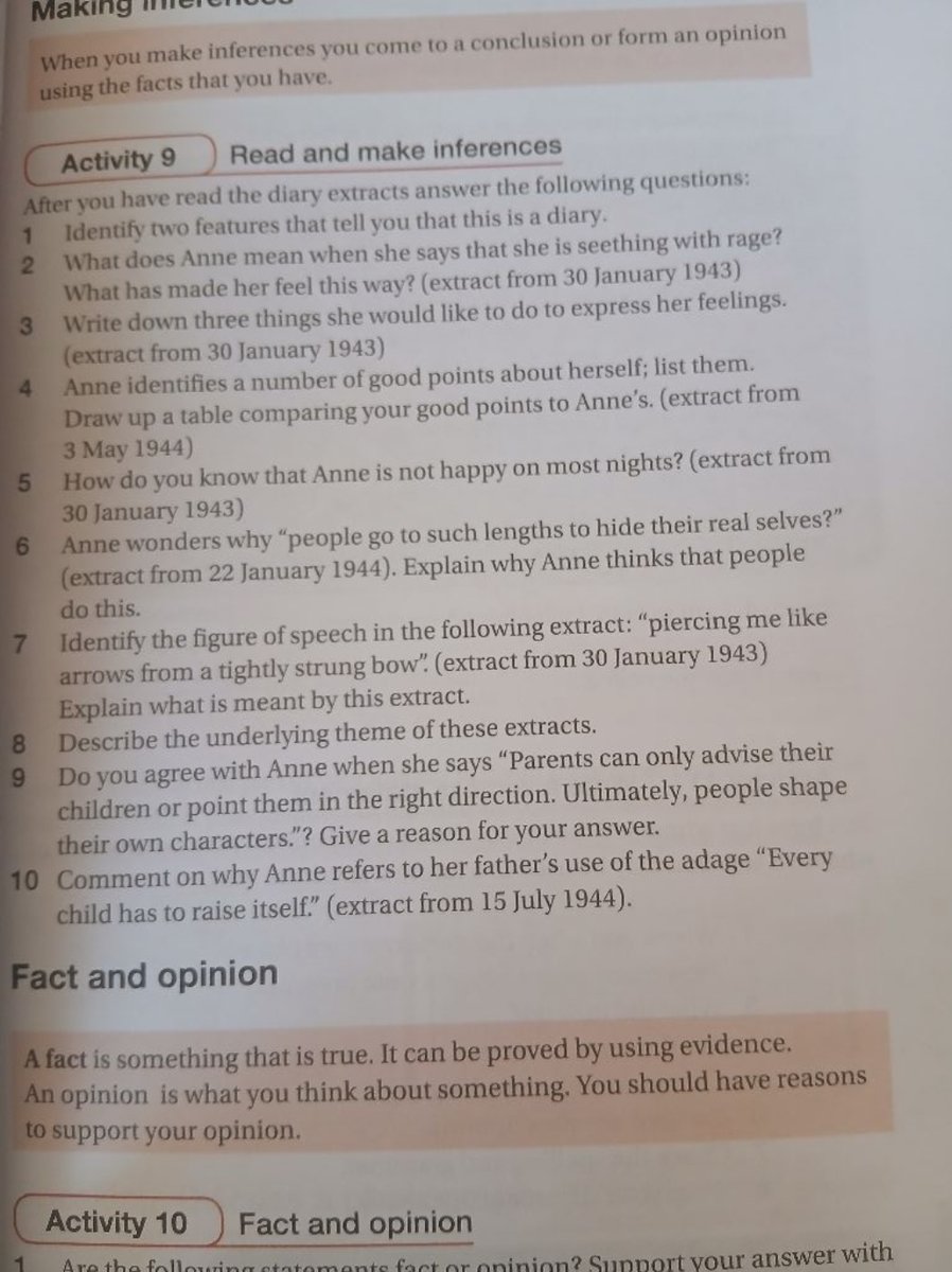 Activity 9: Read and make inferences After you have read the diary extra..