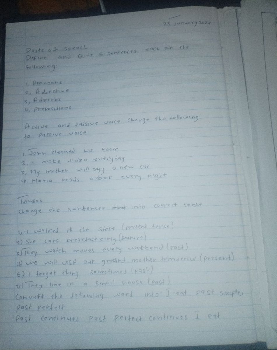 25 January 2024 Parts of speech Define and give 5 sentences each of the