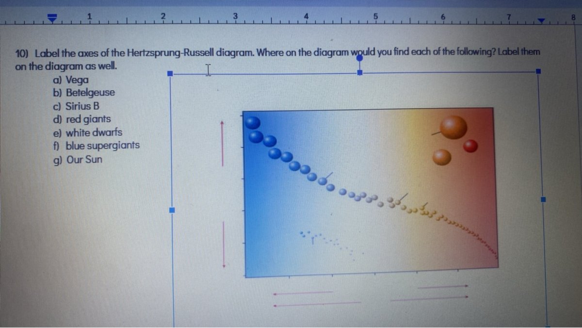 10) Label the axes of the Hertzsprung-Russell diagram. Where on the diagr..