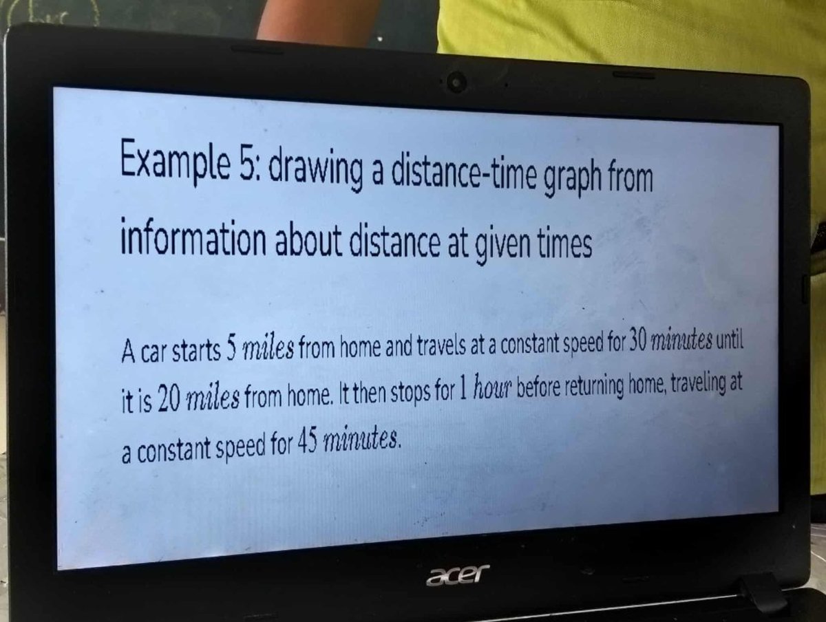Example 5: drawing a distance-time graph from information about distance