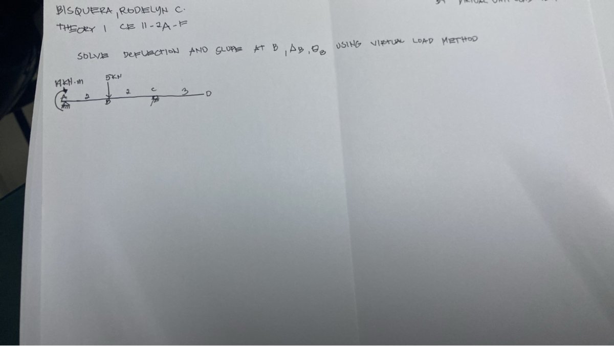 Solve for the deflection and slope at B, \Delta_B, \theta_B using the Vir..