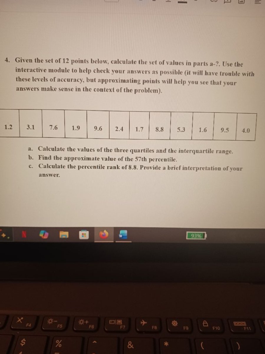 Given the set of 12 points below, calculate the set of values in parts a-..