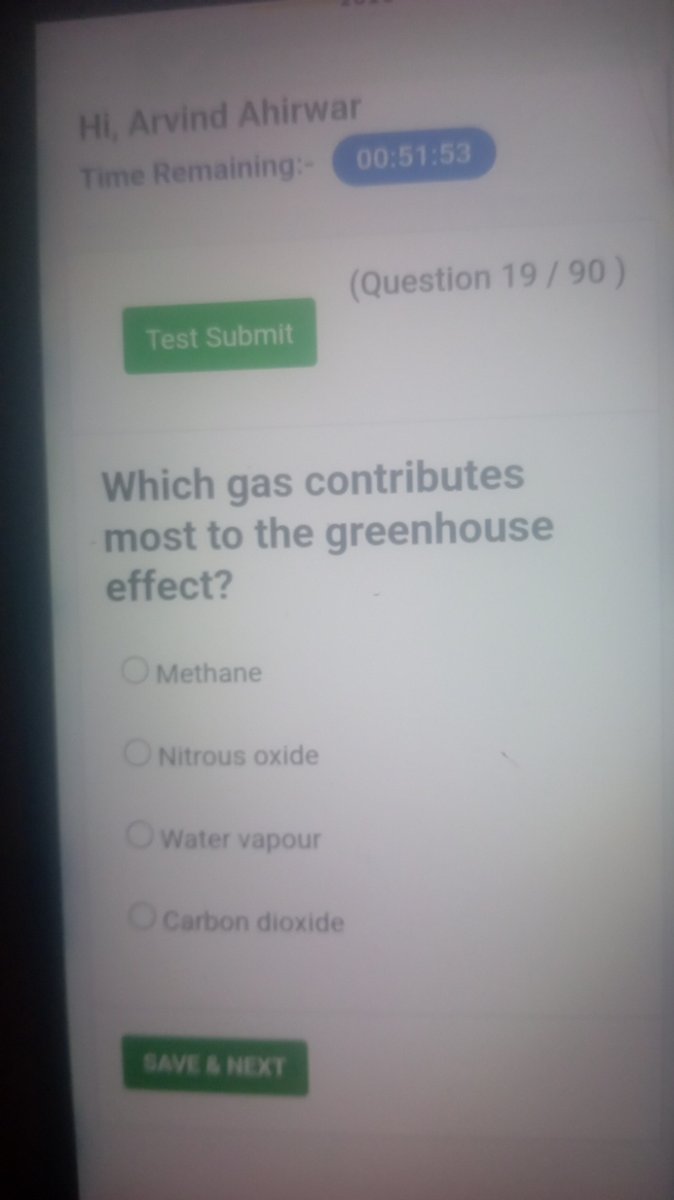 Which gas contributes most to the greenhouse effect? A. Methane B. Nitro..