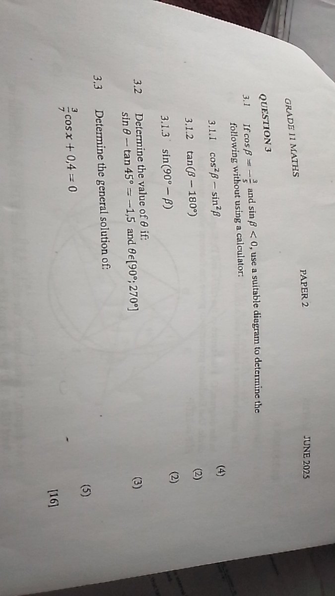 GRADE 11 MATHS QUESTION 3 3.1 If cos β = 3/5 and sin β