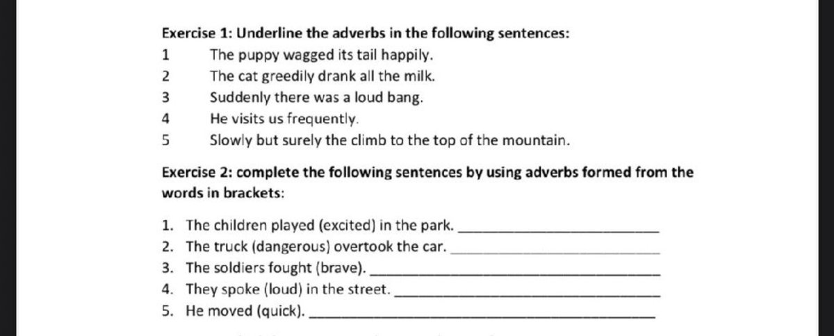 Exercise 1: Underline the adverbs in the following sentences: The puppy w..