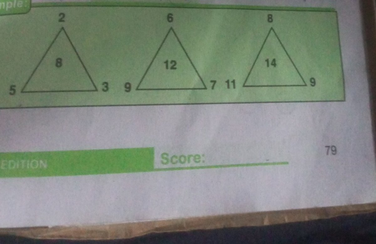 The image shows three triangles with numbers at their vertices and one nu..