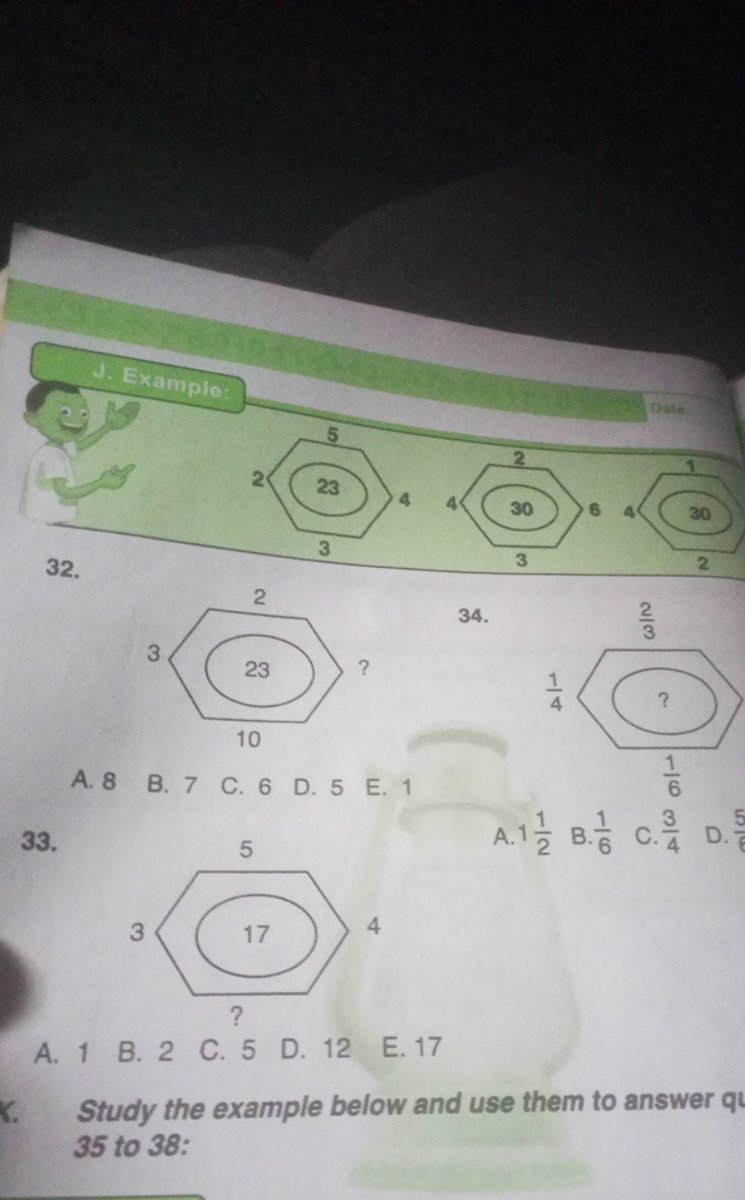 J. Example: Question 32: Given a hexagon with numbers 2, 3, 10, and an u..