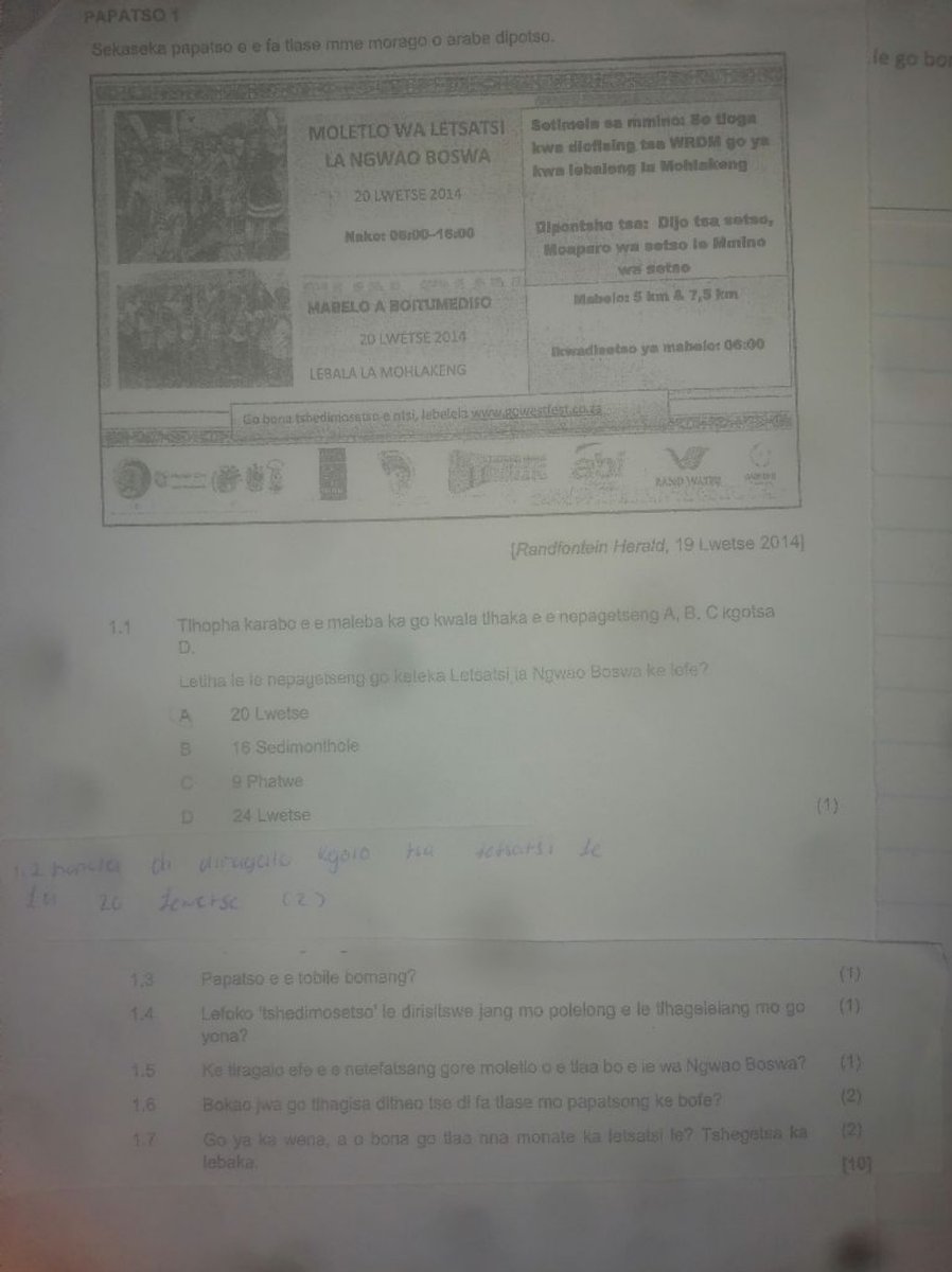 PAPATSO 1 Sekaseka papatso e e fa tlase mme morago o arabe dipotso. MOLET..