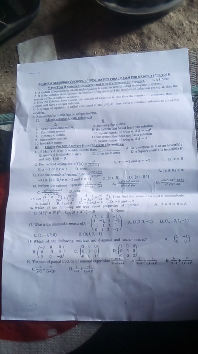 BULBULA SECONDARY SCHOOL 1st SEM. MATH'S FINAL EXAM FOR GRADE 11 IN 2016
