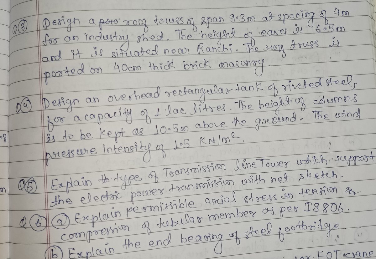 Q3. Design a pro roof truss of span 9.3m at spacing of 4m for an industry..
