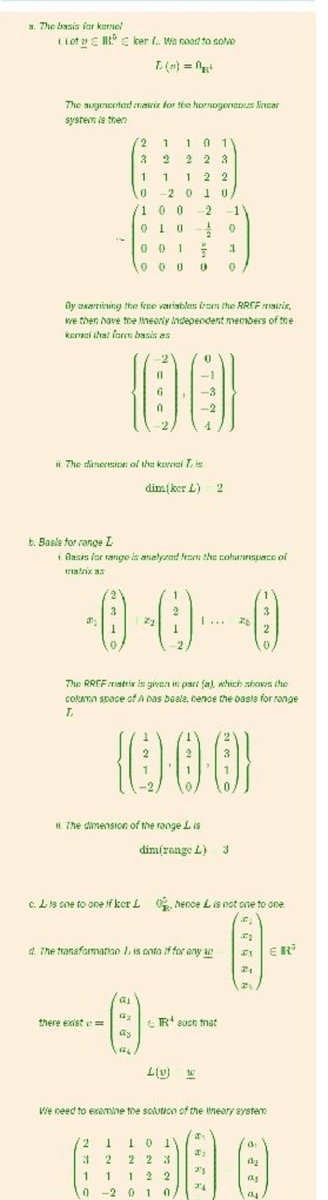 a. The basis for kernel Let y \in \mathbb{R}^5 \in \ker L. We need to sol..