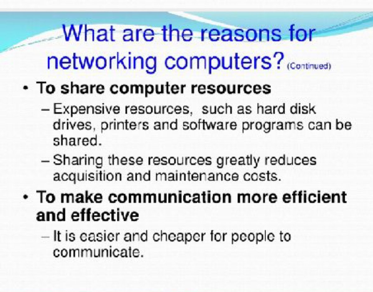 What are the reasons for networking computers? To share computer resourc..