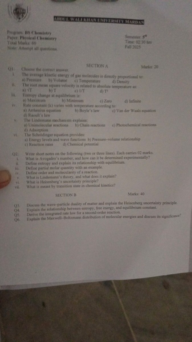 Program: BS Chemistry Paper: Physical Chemistry Total Marks: 60 Note: Att..