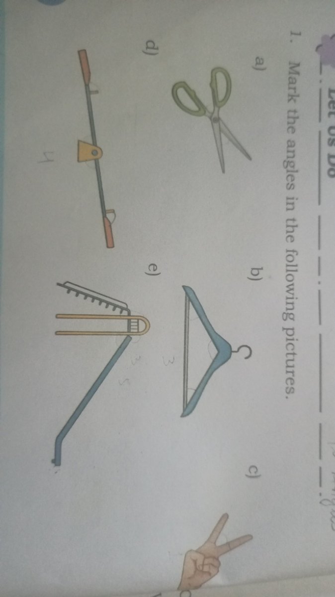 Mark the angles in the following pictures. a) [Image of scissors] b) [Im..