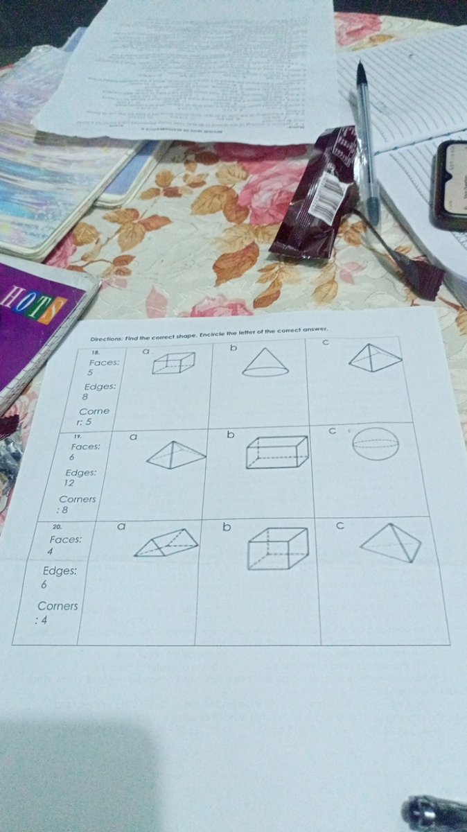 Directions: Find the correct shape. Encircle the letter of the correct an..