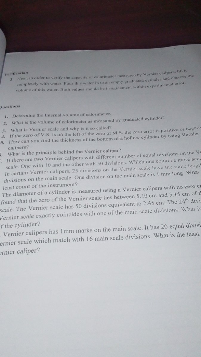 Here are a series of questions related to Vernier calipers and calorimetr..