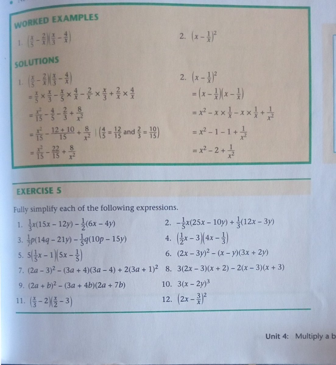 Fully simplify each of the following expressions. ⅓x(15x - 12y) - ½(6x