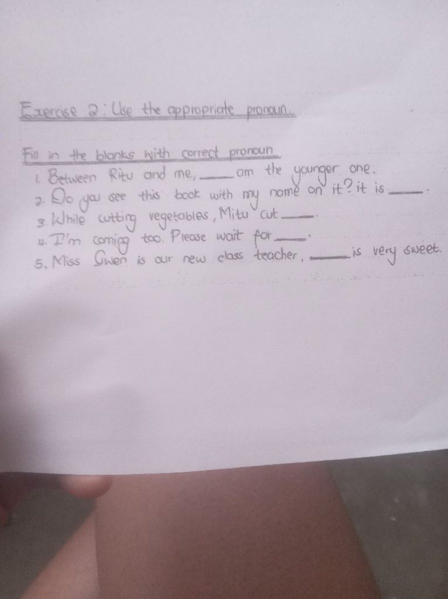 Exercise 2: Use the appropriate pronoun. Fill in the blanks with correct..