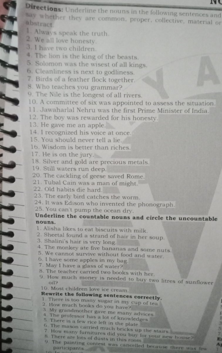 Directions: Underline the nouns in the following sentences and say whethe..