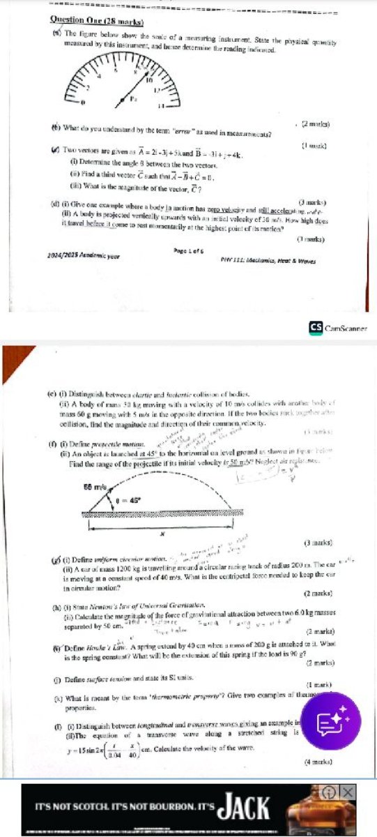 Question One (28 marks) (a) The figure below shows the scale of a measur..