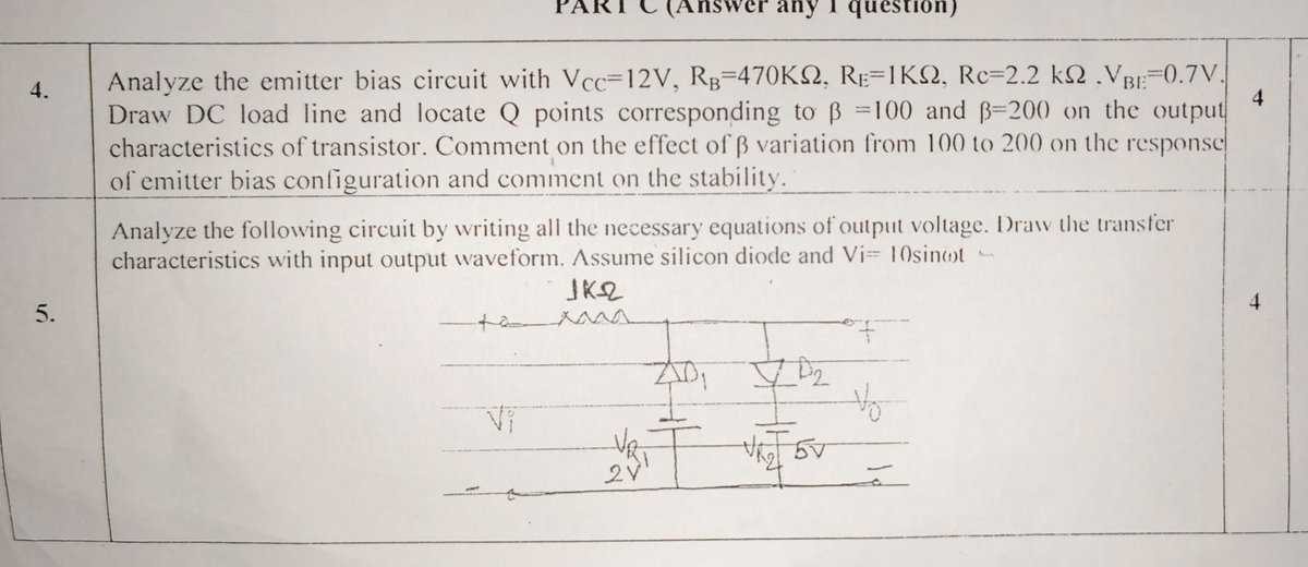Analyze the emitter bias circuit with Vcc=12V, RB=470KΩ, RE=1KΩ, Rc=2.2 K..