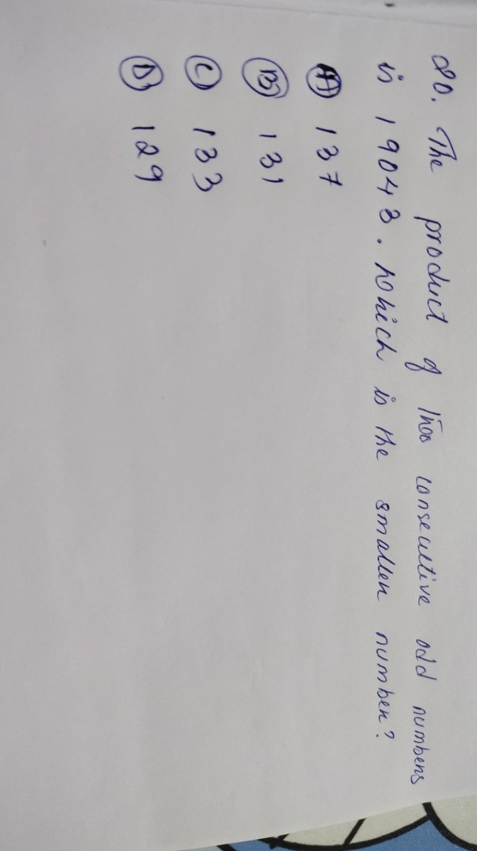 The product of two consecutive odd numbers is 19043. Which is the smaller..