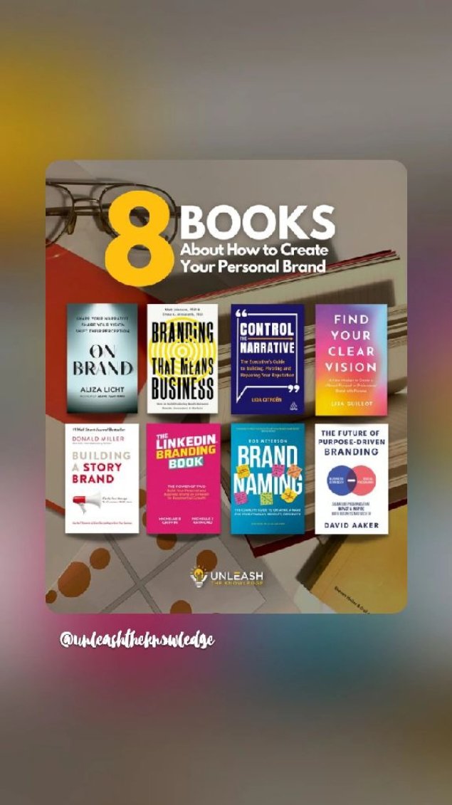 The image shows "8 BOOKS About How to Create Your Personal Brand". The bo..