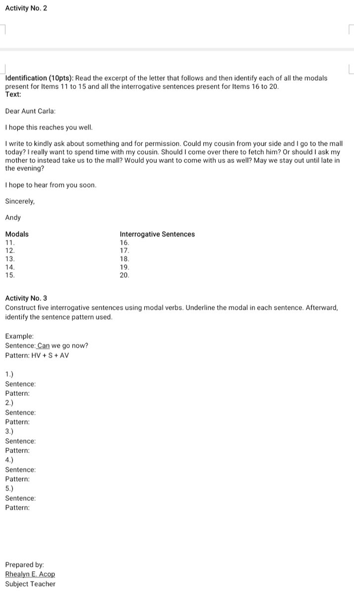 Activity No. 2 Identification (10pts): Read the excerpt of the letter th..